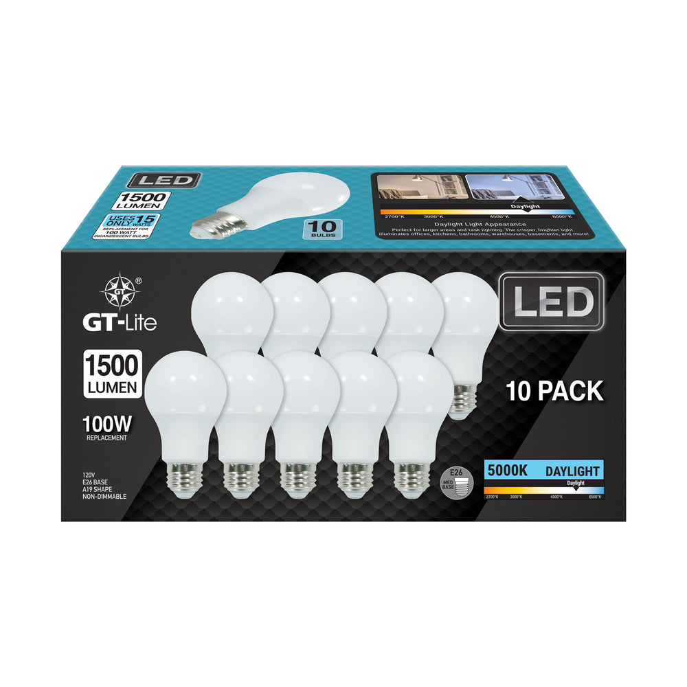 1500 Lumen LED A19 Bulb, 15-Watt, 100-Watt Equivalent E26, 10-Pack