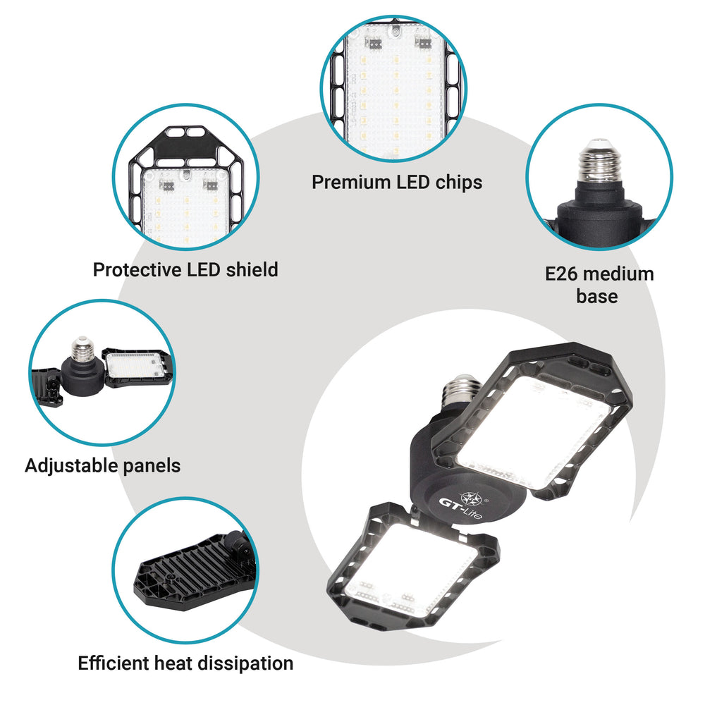 LED Garage Light with Adjustable 2-Panel LED Light 30W 3000 Lumen E26 ...