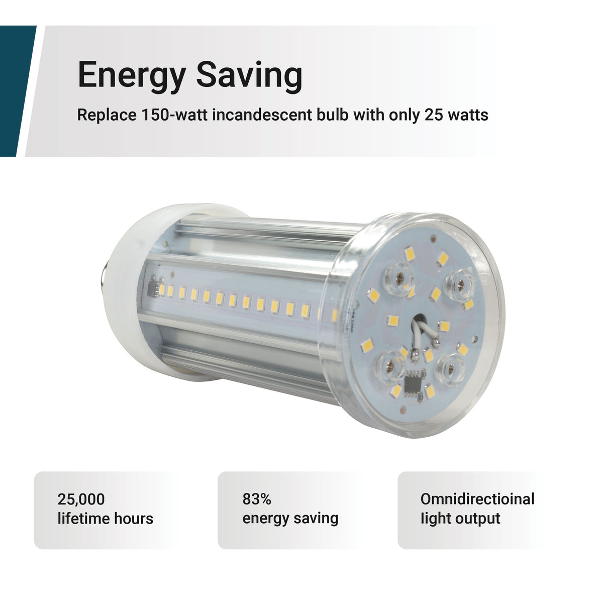 2500 Lumen LED Corn Cob Light Bulb 25W E26 5000K CCT