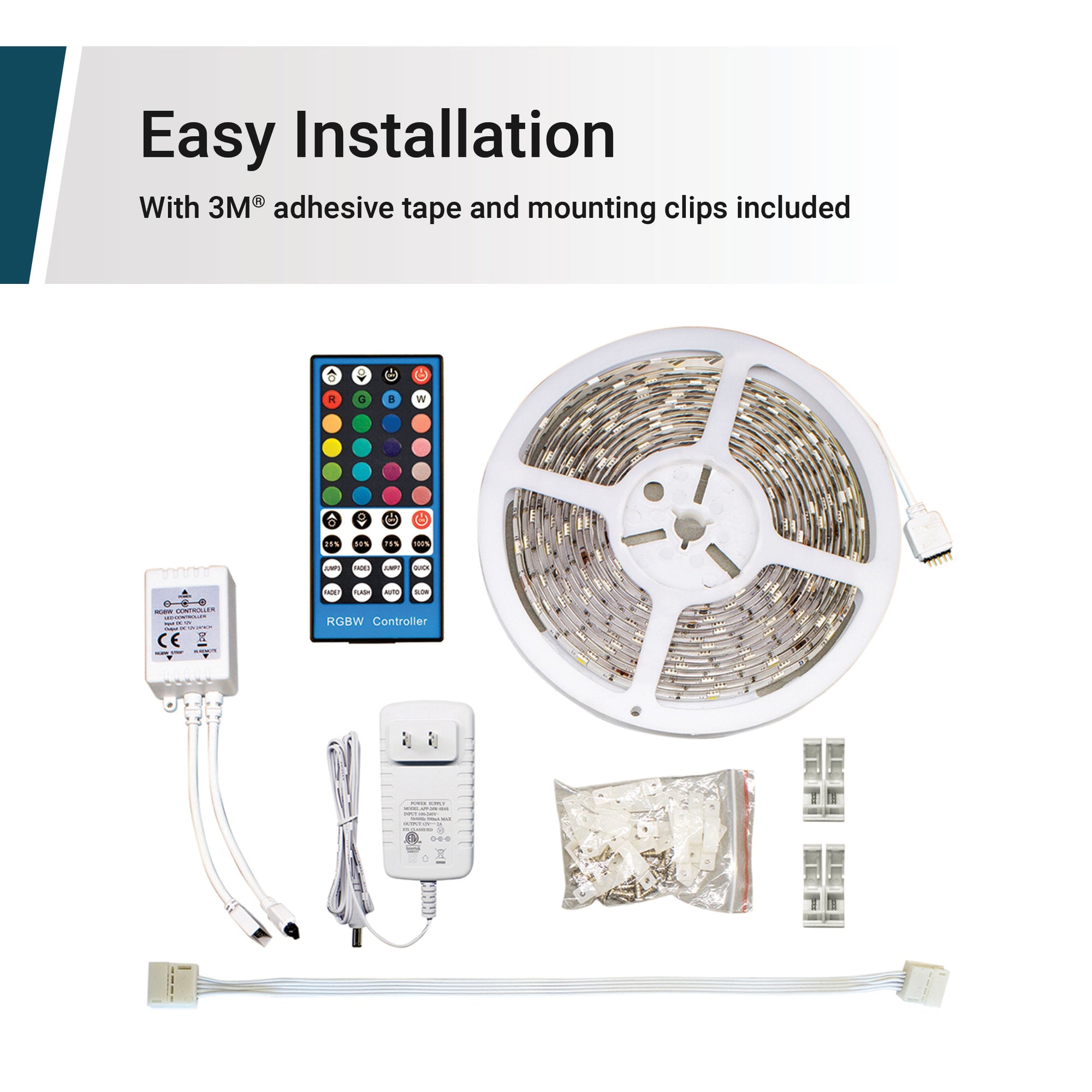 16ft LED Tape Light RGB Color, Cut & Connect, 12" Whip, 800 Lumen 23W